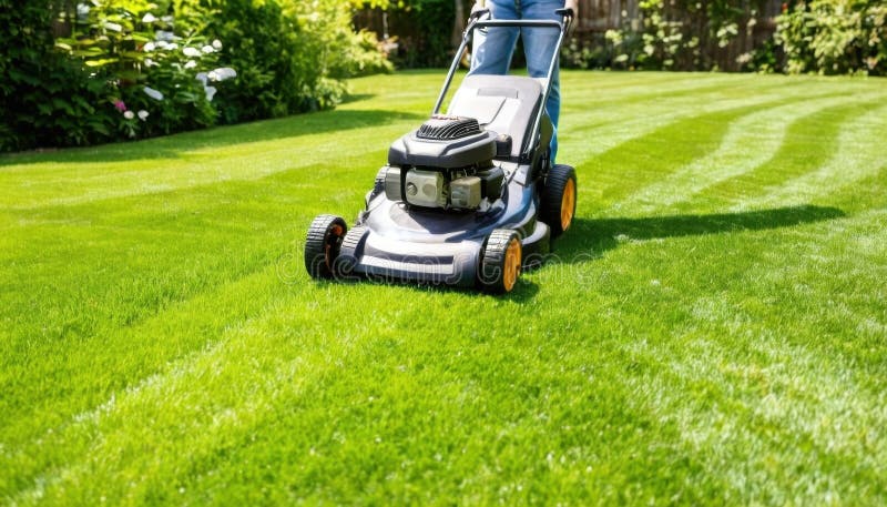 The Lawn Mower Neatly Cuts the Grass on a Green Lawn, Creating Perfect ...