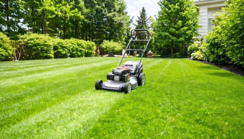 The Lawn Mower Neatly Cuts the Grass on a Green Lawn, Creating Perfect ...