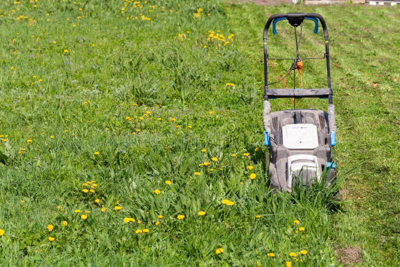 Lawn Mower in the Spring Garden Stock Photo - Image of maintain, person ...
