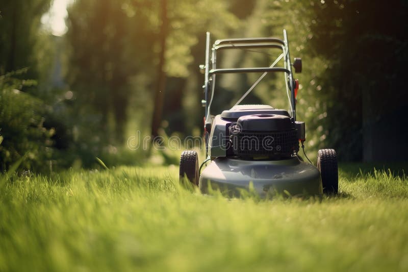 Lawn Mower Standing on Garden Turf. Generate Ai Stock Image - Image of ...