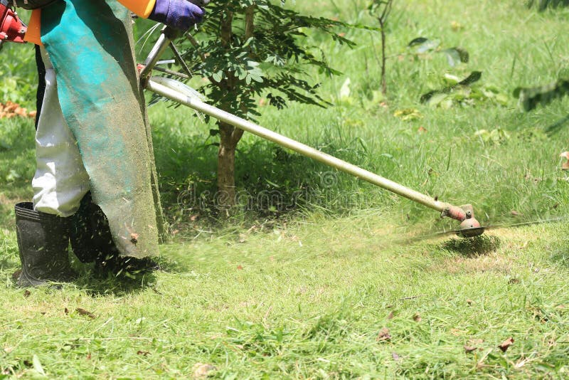 Lawn Mower Worker Cutting Grass in Green Field Stock Image - Image of ...
