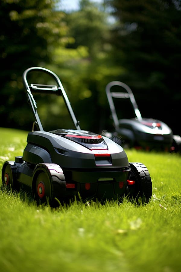 Lawn Robot Mows the Lawn. Robotic Lawn Mower Cutting Grass. AI ...
