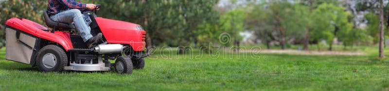 Lawnmower in Action on Green Turf. Banner with Text Area Stock Photo ...