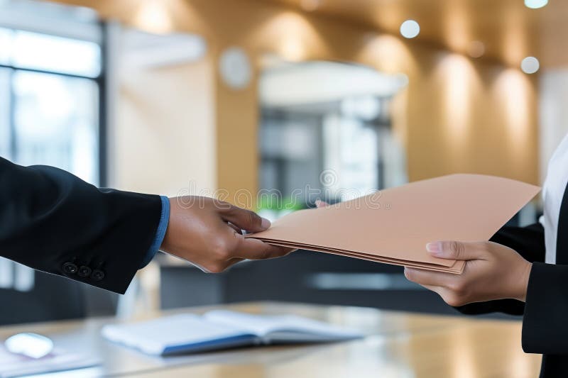 Lawyer Handing Over a Folder To Client in a Modern Office Stock ...
