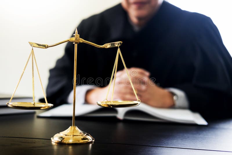 Lawyer Judge Reading Documents at Desk in Courtroom Stock Photo - Image ...