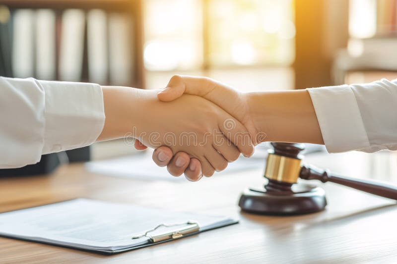 Lawyer Shaking Hands with Her Client in Office with Gavel Stock ...