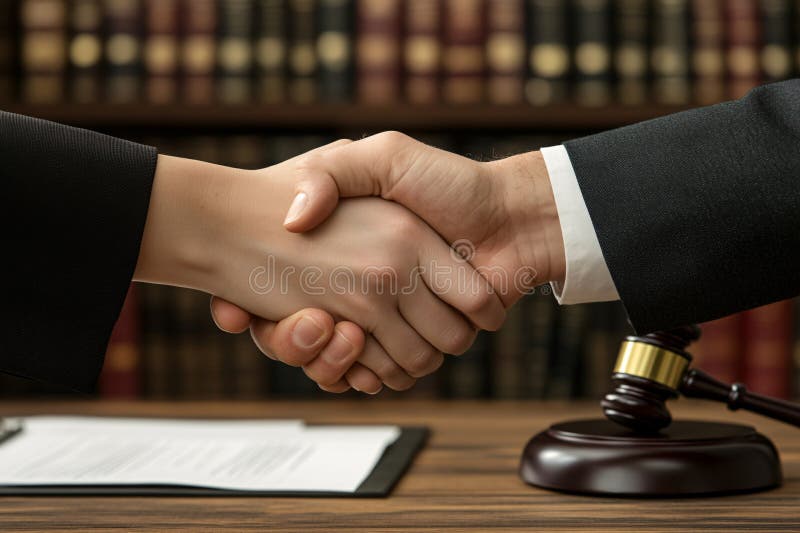 Lawyer Shaking Hands with Her Client in Office with Gavel and Documents ...