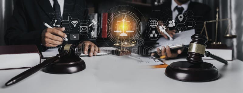 Lawyer Team Working with Law Interface Icons, Law Innovation. Editorial ...