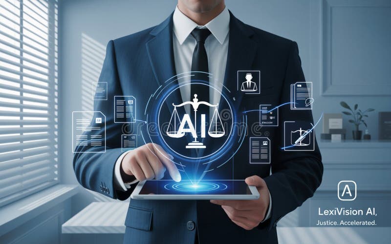 Lawyer Using Tablet with AI Legal Technology Interface and Icons ...