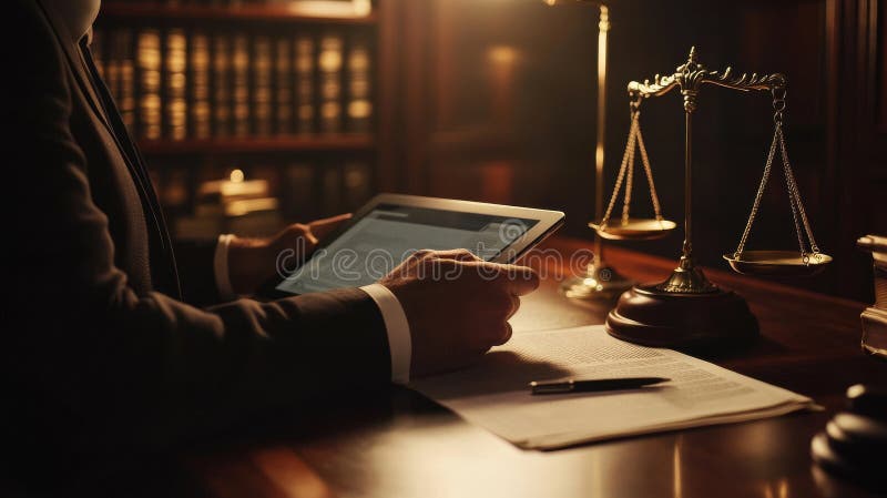 Lawyer Using Tablet in Office with Legal Documents and Scales of ...