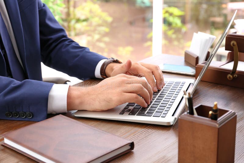 Lawyer Working with Laptop at Table, Focus Stock Photo - Image of ...
