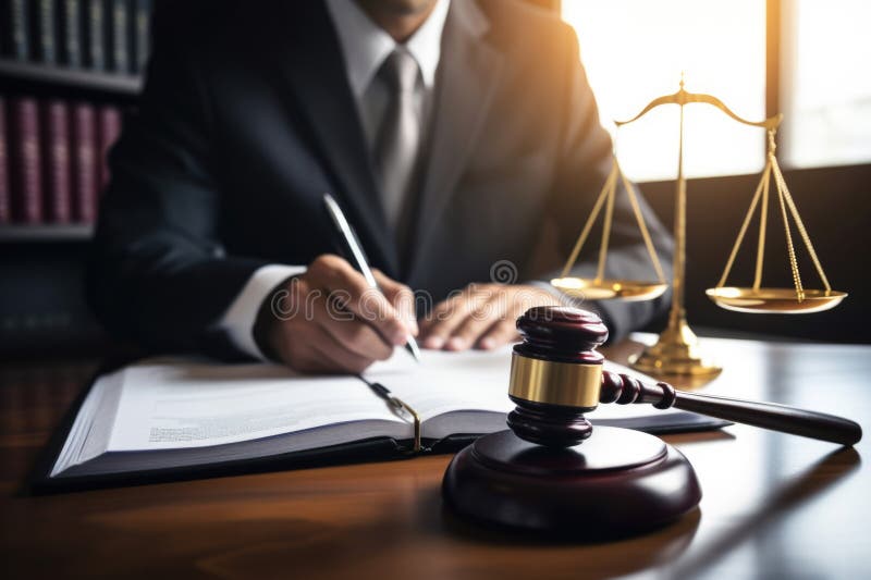 Lawyer Working on Legal Documents with Gavel and Scales of Justice ...