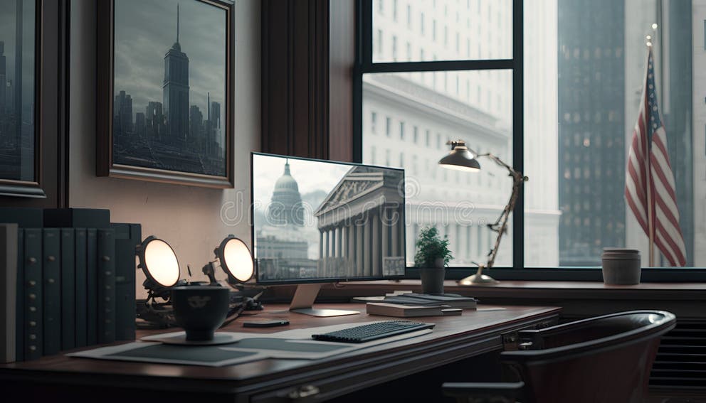 Lawyer Workplace with Computer, Books and City View. 3D Rendering Stock ...