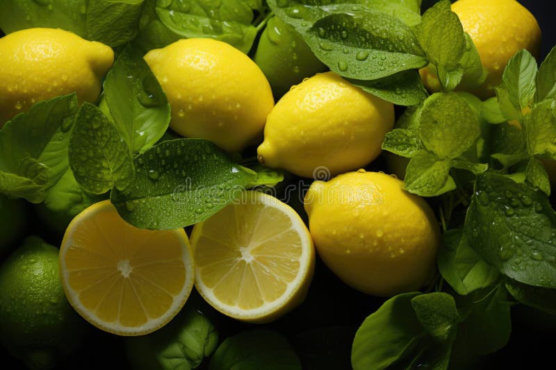 Lay Lemon Flat Composition, Mint Leaves and Isolated Grapes on Green Ba ...