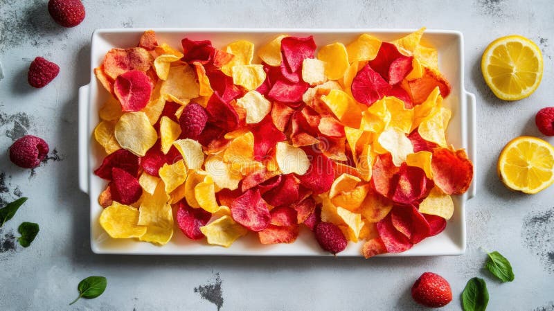 Layer of Fruit Chips on a Rectangular Serving Plate Stock Illustration ...