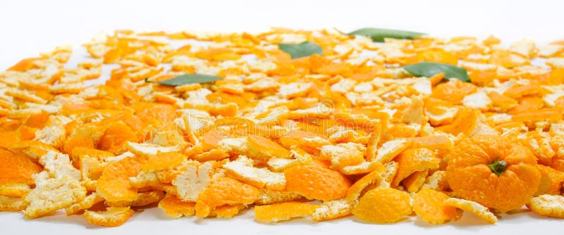 Layer of Many Mandarin Skins and Leaves and Top Part on Right on Stock ...