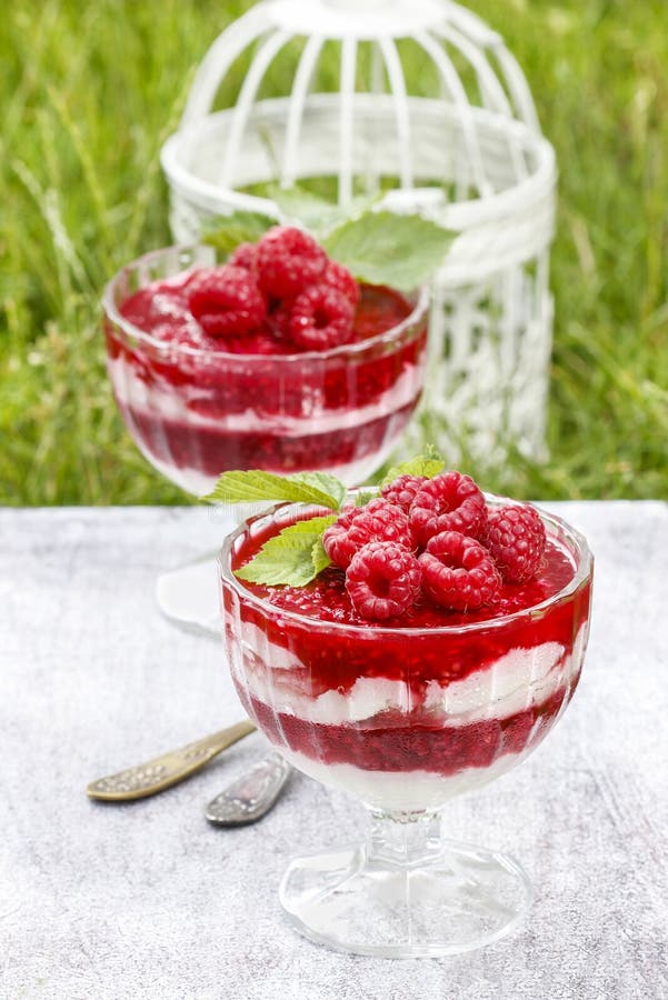 Layer Raspberry Dessert on Garden Party Table.e Stock Photo - Image of ...