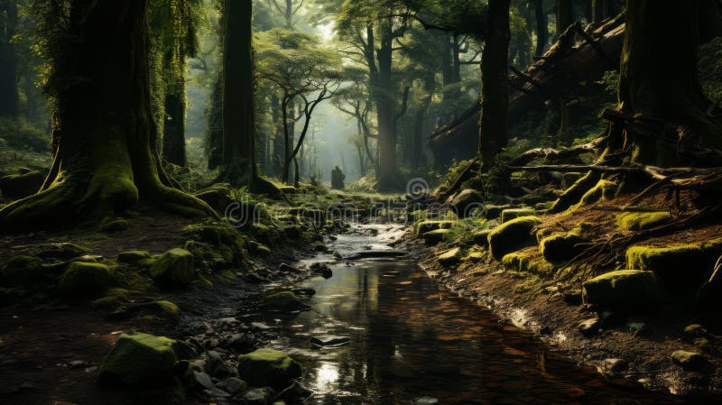 Layered and Atmospheric Forest Stream with Elm Trees Stock Illustration ...