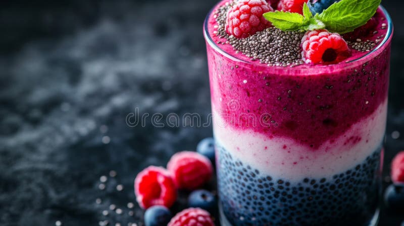 Layered Berry Smoothie with Chia Seeds and Mint Garnish Stock ...