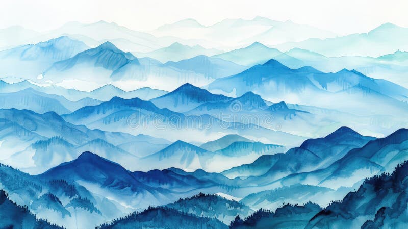 Layered Blue Mountain Ranges in a Watercolor Style. Stock Photo - Image ...