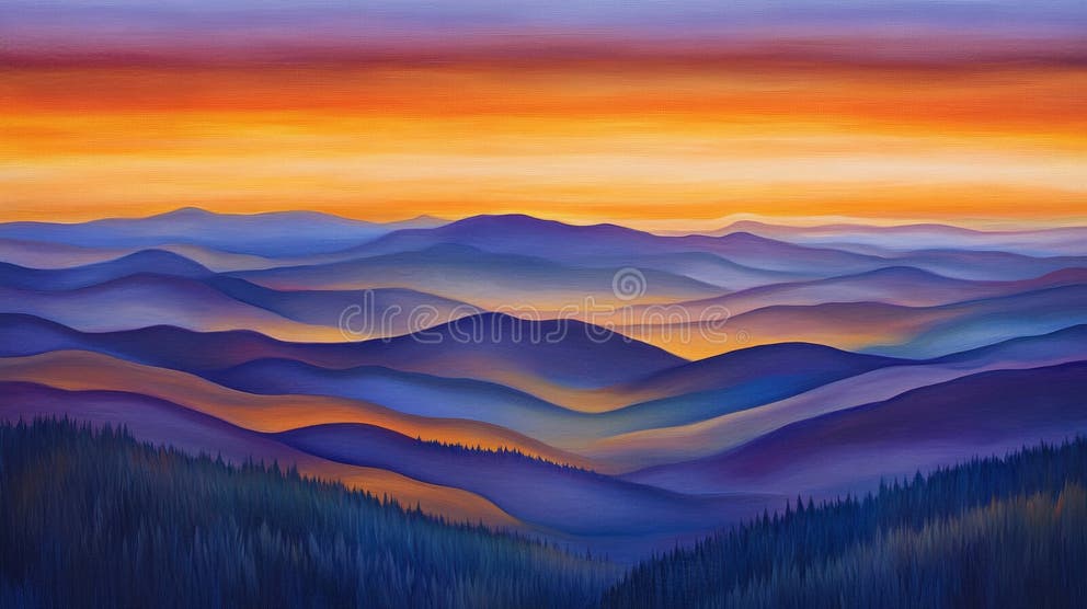 Layered Blue and Orange Mountain Sunset Landscape Stock Illustration ...