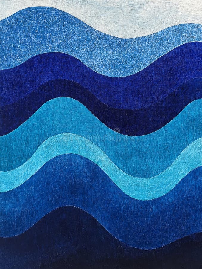 Layered Blue and Teal Undulating Ocean Forms Abstract Artwork Depicting ...