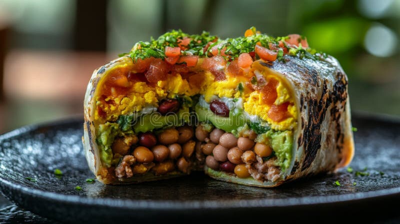 Layered Breakfast Burrito with Eggs Beans and Avocado Stock ...