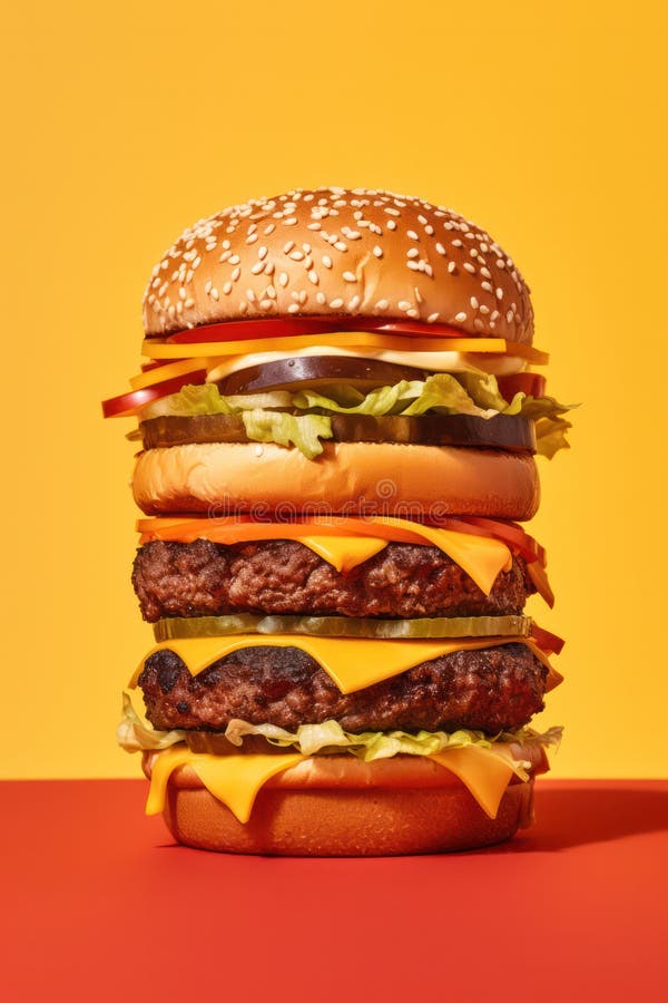 Layered Burger on Yellow Background Stock Illustration - Illustration ...
