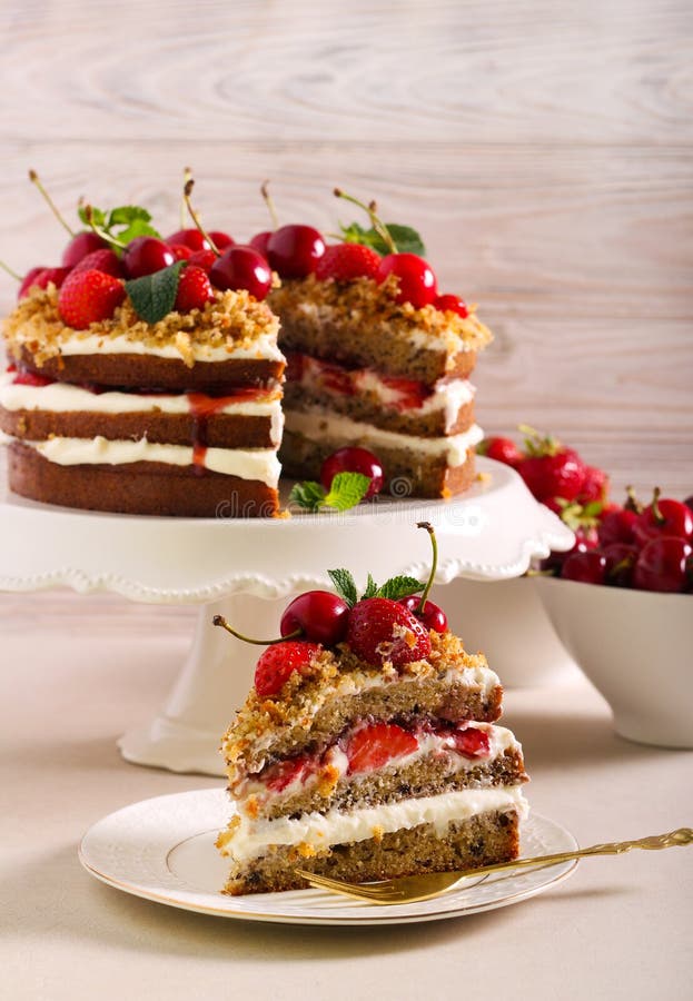 Layered Cake with Berries on Top Stock Image - Image of cherry, snack ...