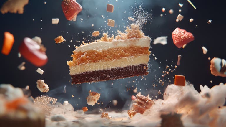 Layered Cake Explosion with Strawberries and Caramel Stock Illustration ...