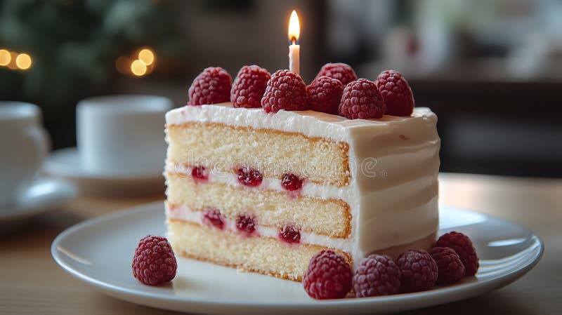 Layered Cake Slice with Candle and Raspberries Stock Image - Image of ...