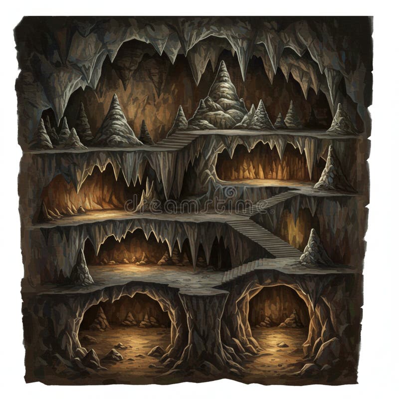 Layered Cave System with Multiple Levels Connected by Stone Staircases ...