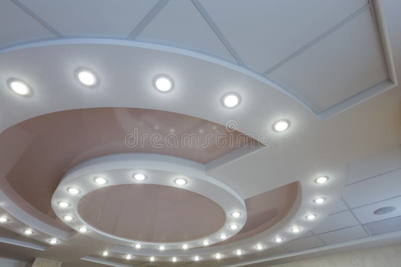 Layered Ceiling with Embedded Lights and Stretched Ceiling Inlay Stock ...