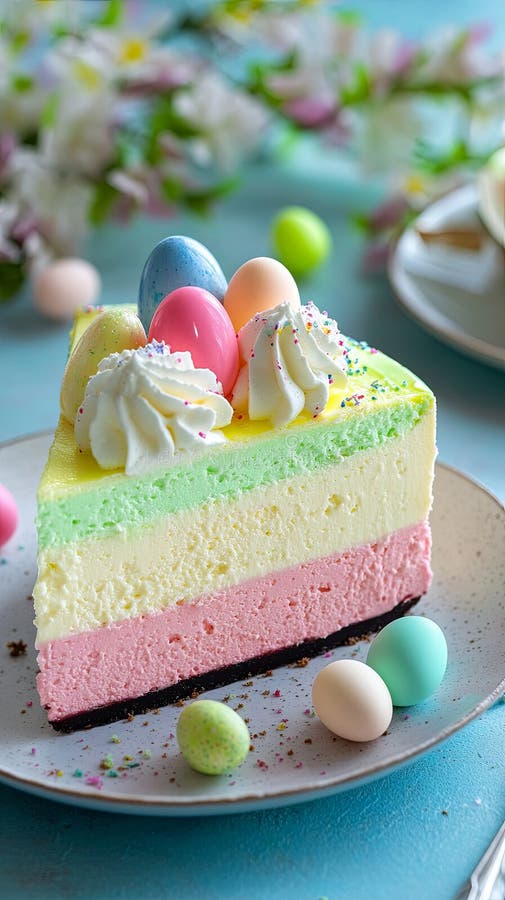 Layered Cheesecake with Vibrant Easter-colored Jelly and Whipped Cream ...