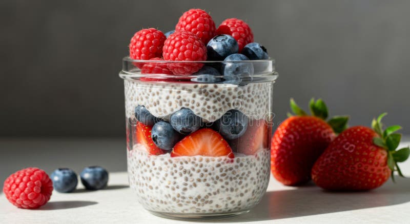 Layered Chia Pudding with Fresh Berries Stock Illustration ...