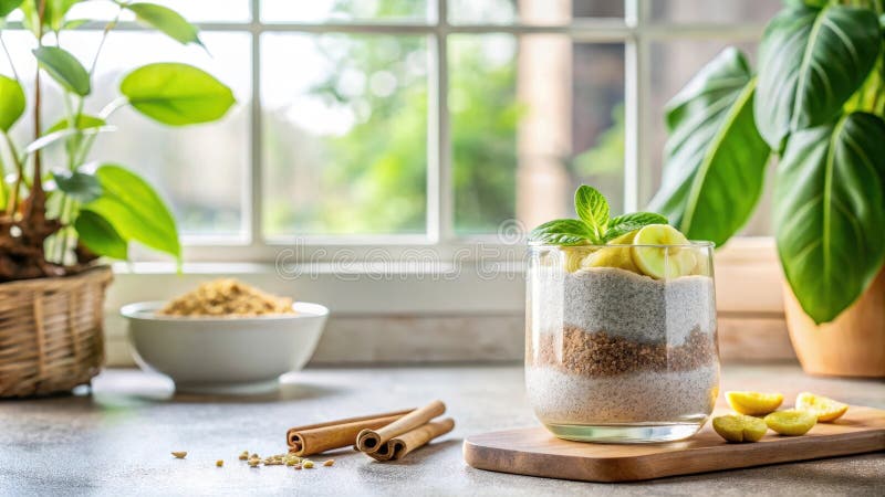 Layered Chia Seed Pudding Parfait with Sliced Fruit and Cinnamon Sticks ...