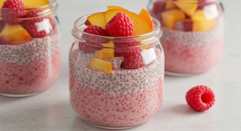 Layered Chia Seed Pudding with Peach and Raspberry Stock Illustration ...
