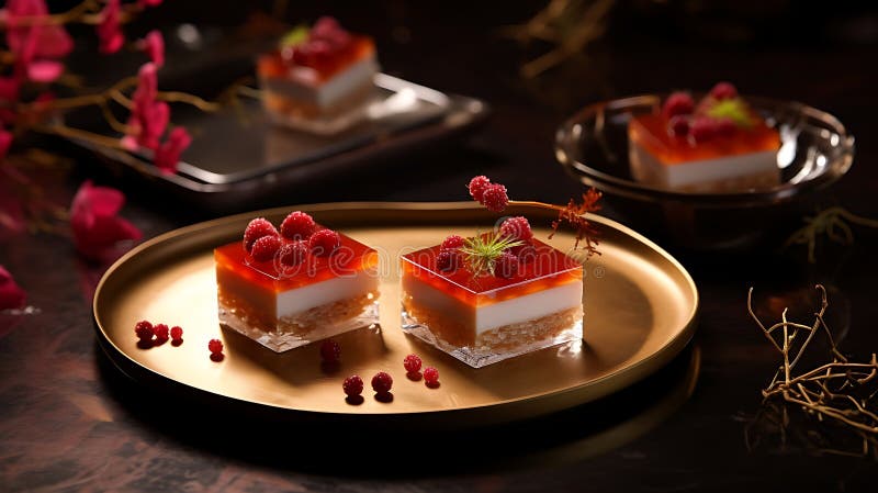 Layered Chinese Dessert with Raspberry Topping and Elegant Presentation ...