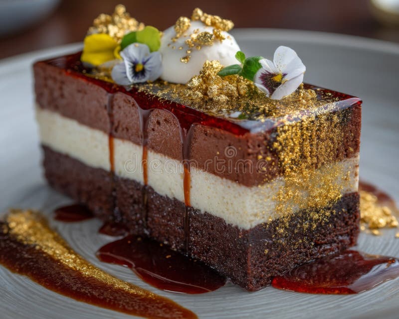 Layered Chocolate Dessert with Edible Gold and Flowers Stock ...