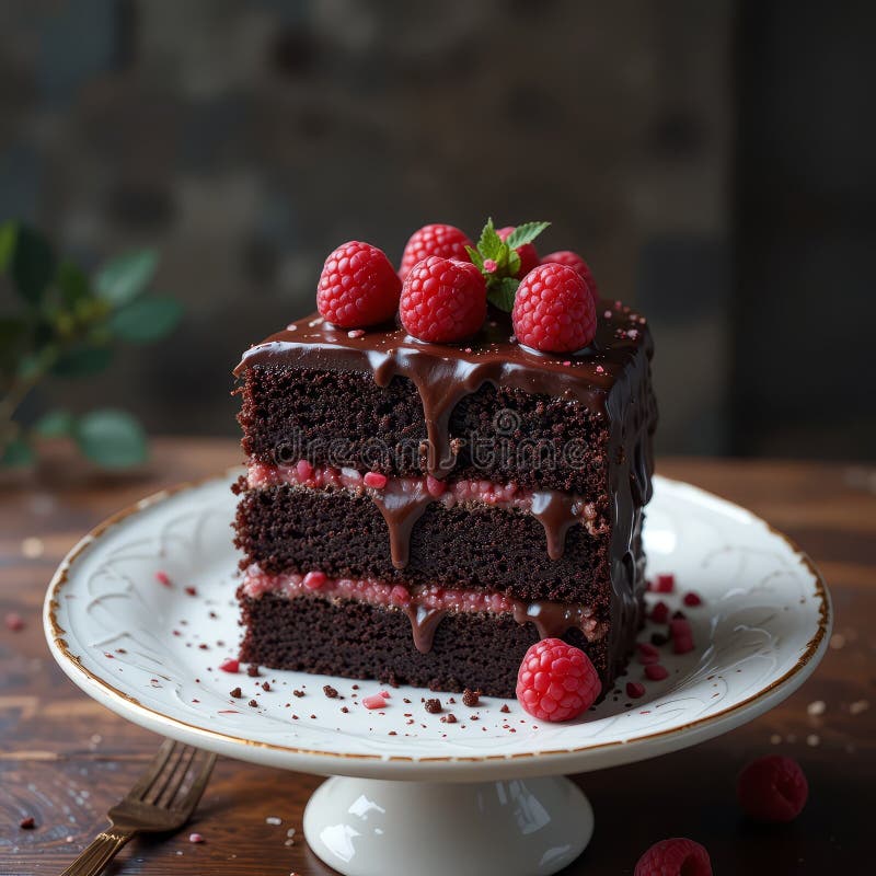 Layered Chocolate Raspberry Cake Slice, Sweet Dessert on a Stand. Stock ...