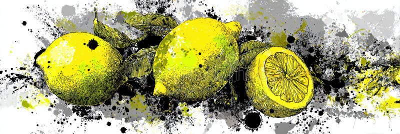 Colorful Layered Digital Collage of Lemons with Ink Splatter Effect ...