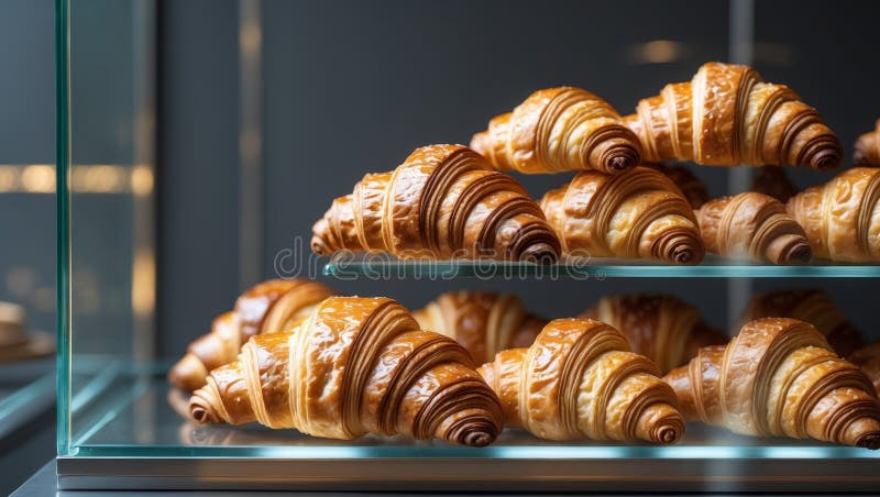 Layered Croissant Display in Clear Glass with Dark Grey Background ...