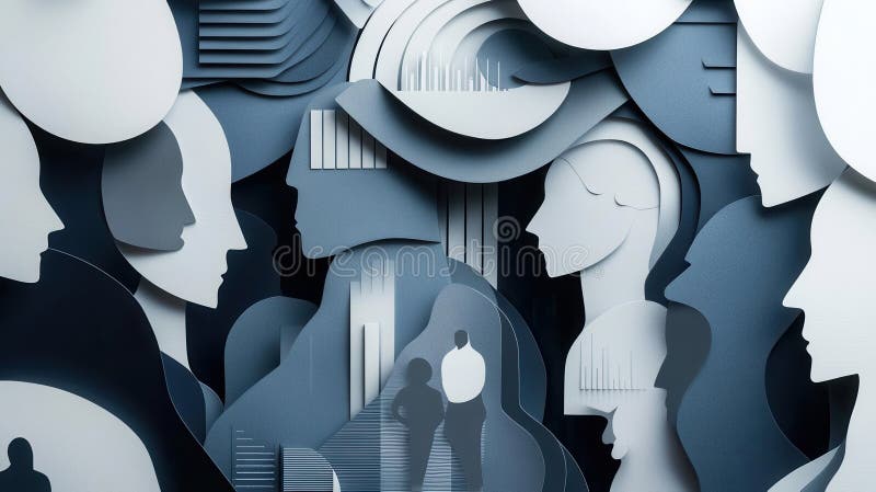 Layered Cut Out Art Showcases Interconnected Figures and Data Visuals ...