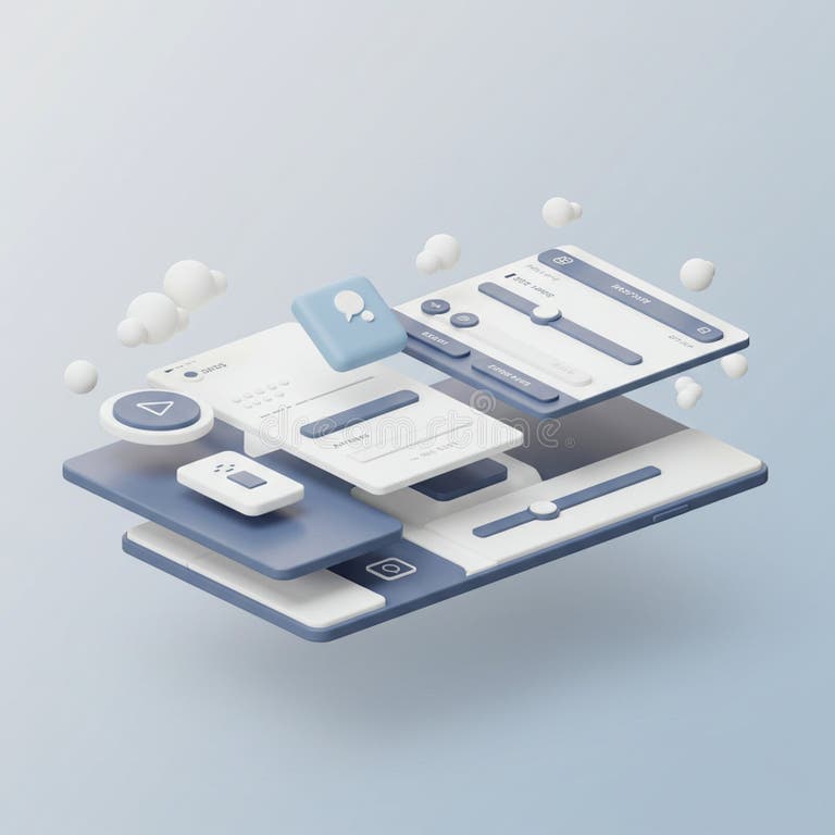 A Layered 3D Illustration of App Interface Elements in a Minimalist ...