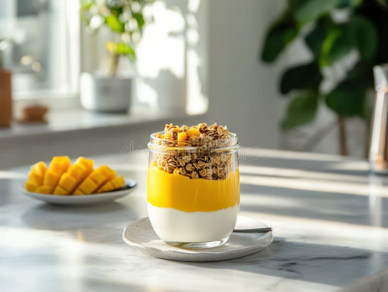 A Layered Dessert Featuring Yogurt, Mango Puree, and Granola in a Glass ...