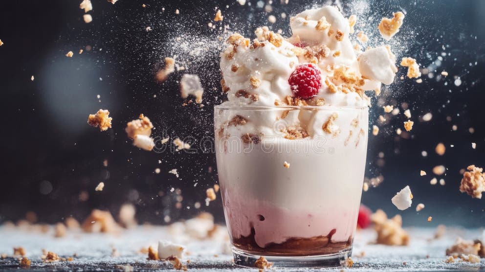 Layered Dessert with Raspberry and Meringue Explosion Stock ...