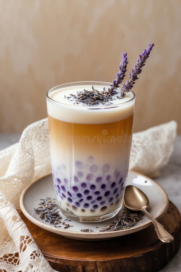 A Layered Drink Featuring Lavender and Boba, Garnished with Lavender ...