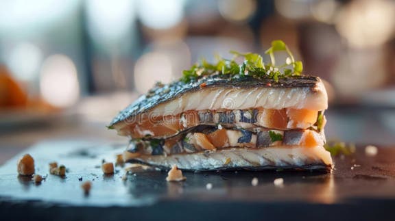 Layered Fish Dish with Herbs on Dark Stone Plate Stock Illustration ...
