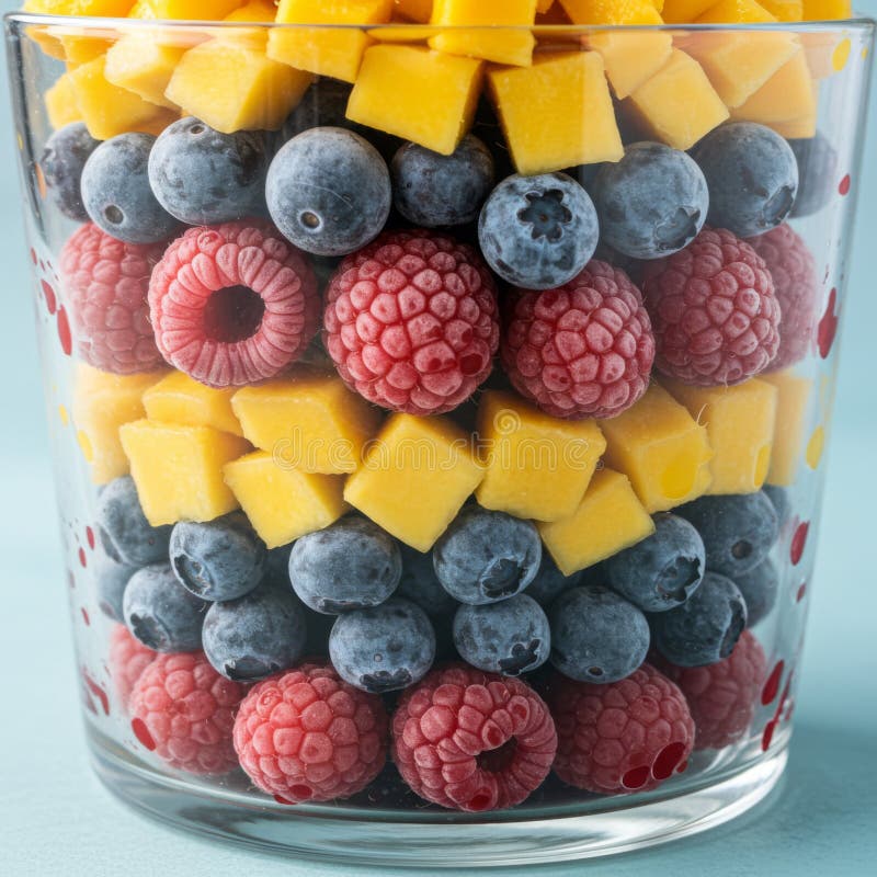 Layered Frozen Mango, Blueberry, and Raspberry Salad in Glass Stock ...