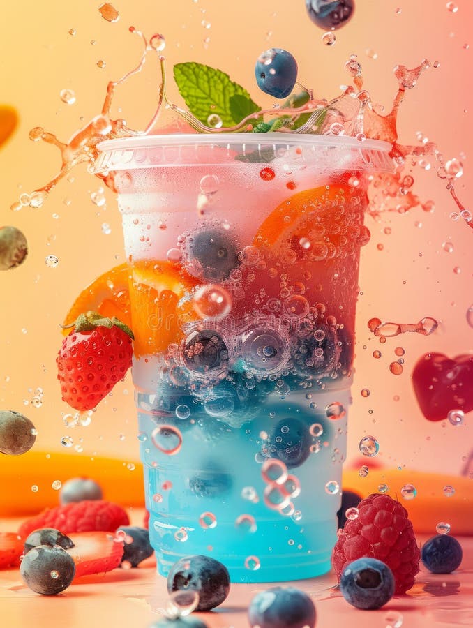 Layered Fruit Drink in a Clear Cup with Splashing Water and Assorted ...